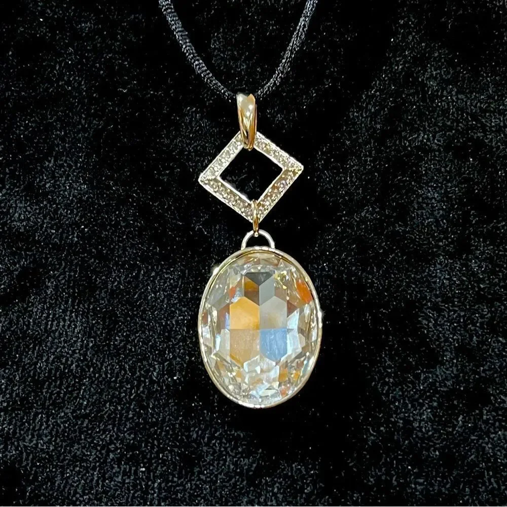 Jewelry | Clear Crystal Pendant Necklace Cz Black String With Silver ...
